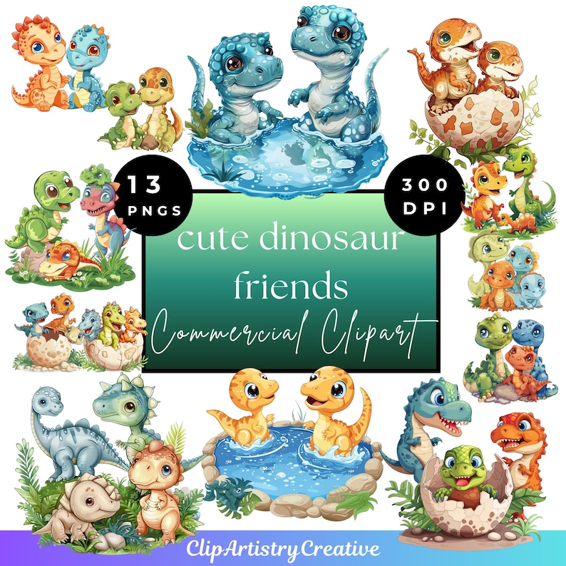 Cute Dinosaur Friends Clipart Bundle PNG Transparent Background Digital ...