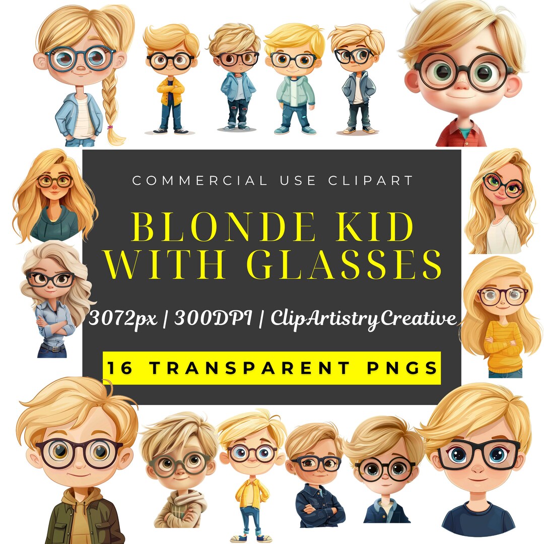 Blonde Kid With Glasses Clipart Bundle PNG Transparent Background ...