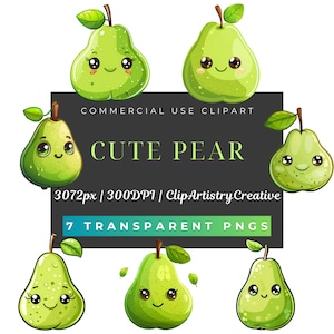 Cute Pear Clipart Bundle PNG Transparent Background Digital Download ...