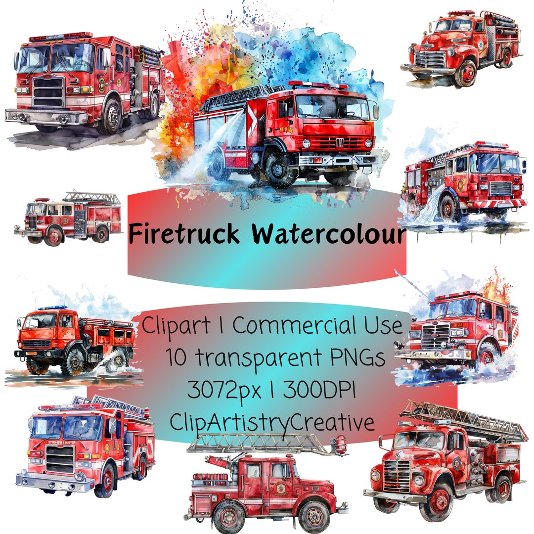 Firetruck Watercolor Clipart Bundle PNG Transparent Background Digital ...
