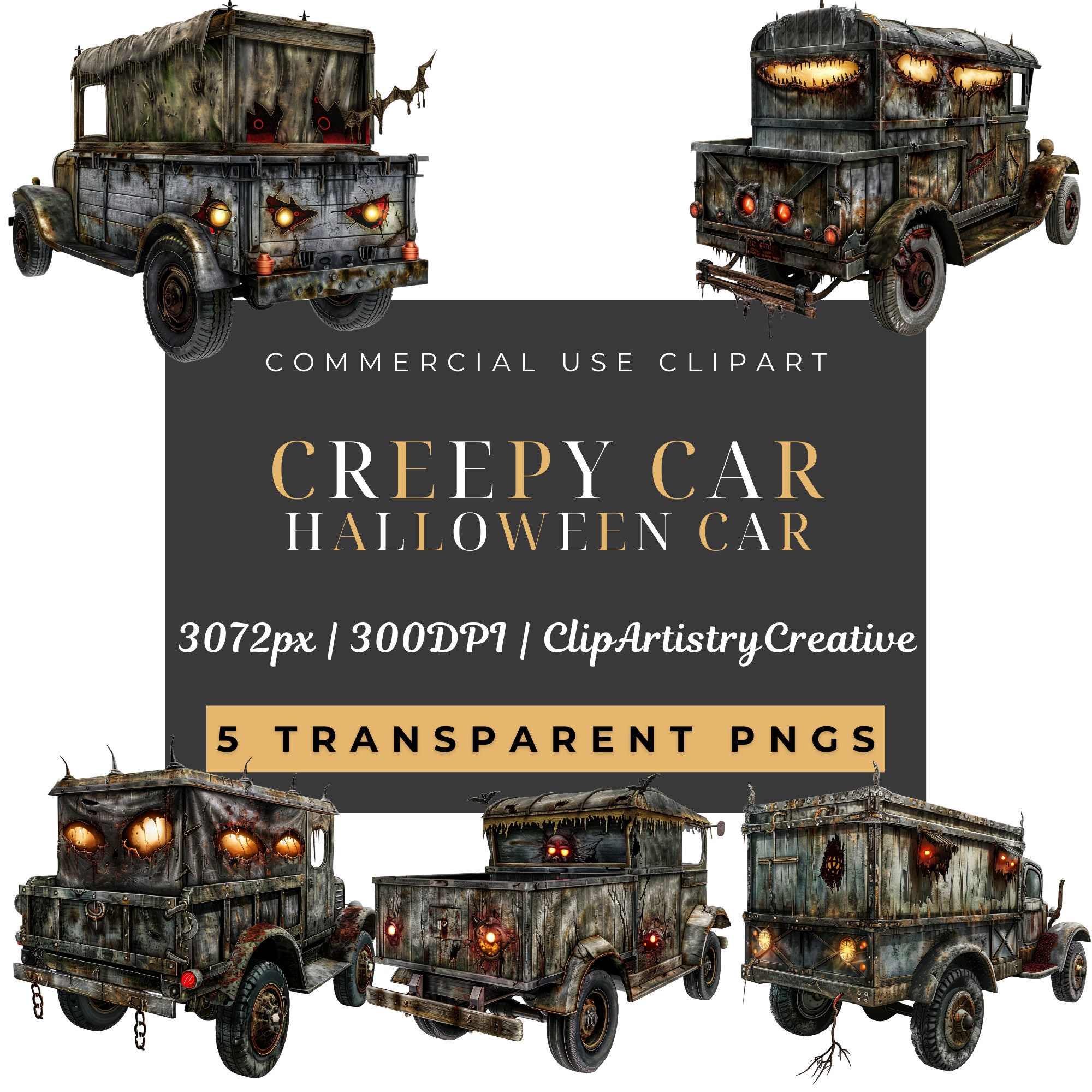 Creepy Scary Weird Car Halloween Clipart Bundle PNG Transparent ...