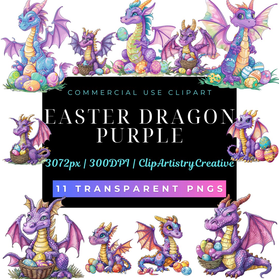 Easter Dragon Purple Clipart Bundle PNG Transparent Background Instant ...