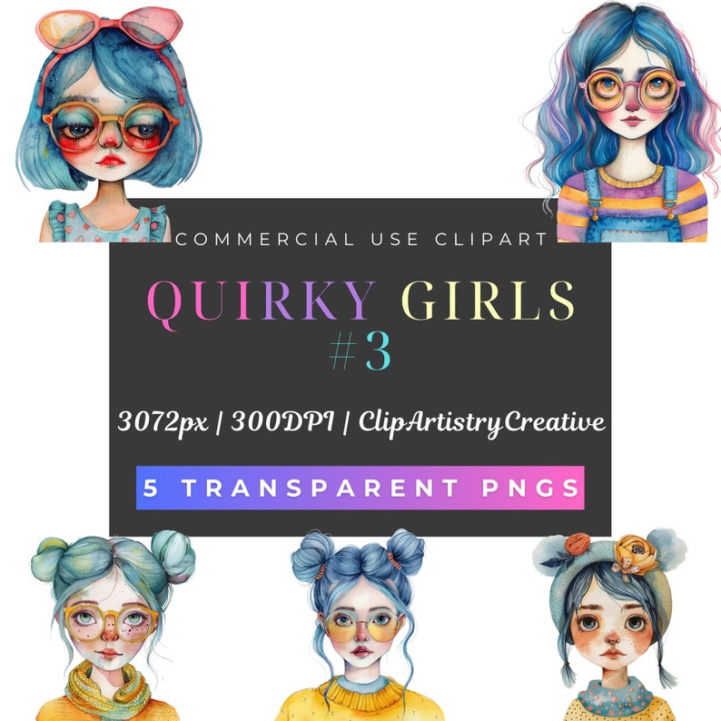Quirky Girls Watercolor Clipart Bundle PNG Transparent Background, Girl ...