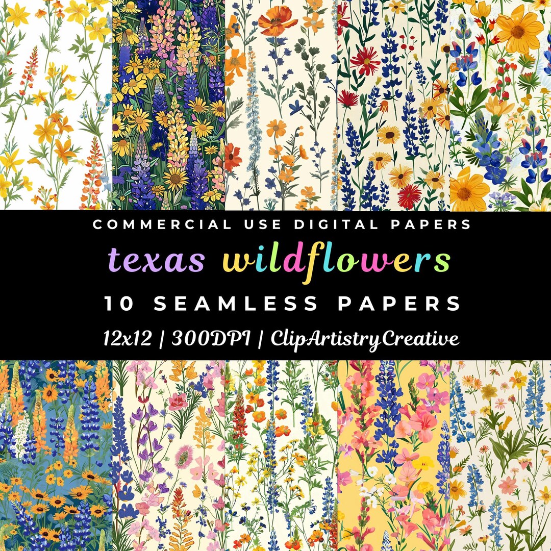 Texas Wildflowers Digital Paper Seamless Digital Background Commercial ...