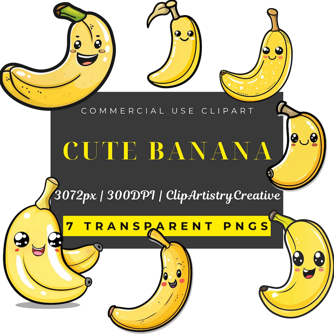 Cute Banana Clipart Bundle PNG Transparent Background Instant Digital ...