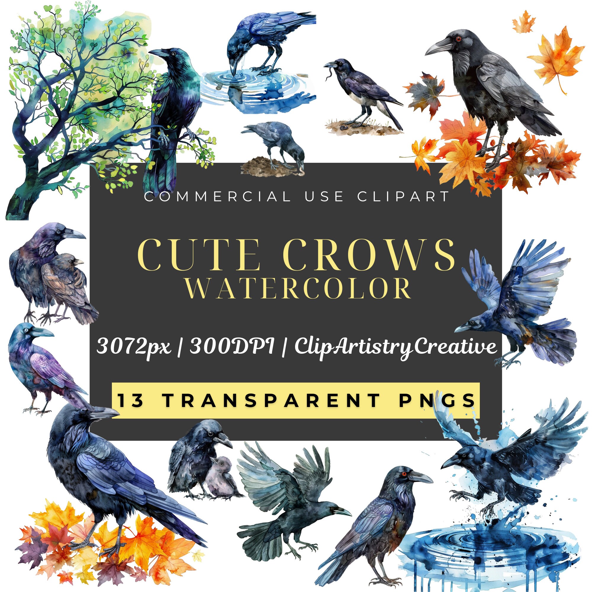 Cute Crows Watercolor Clipart Bundle PNG Transparent Background Digital ...
