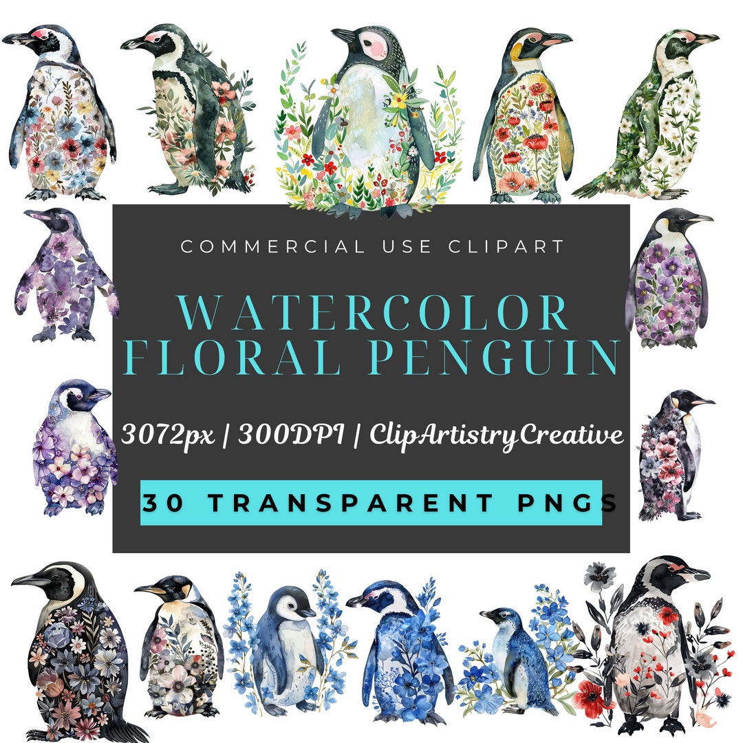 Watercolour Floral Penguin Clipart Bundle PNG Transparent Background ...