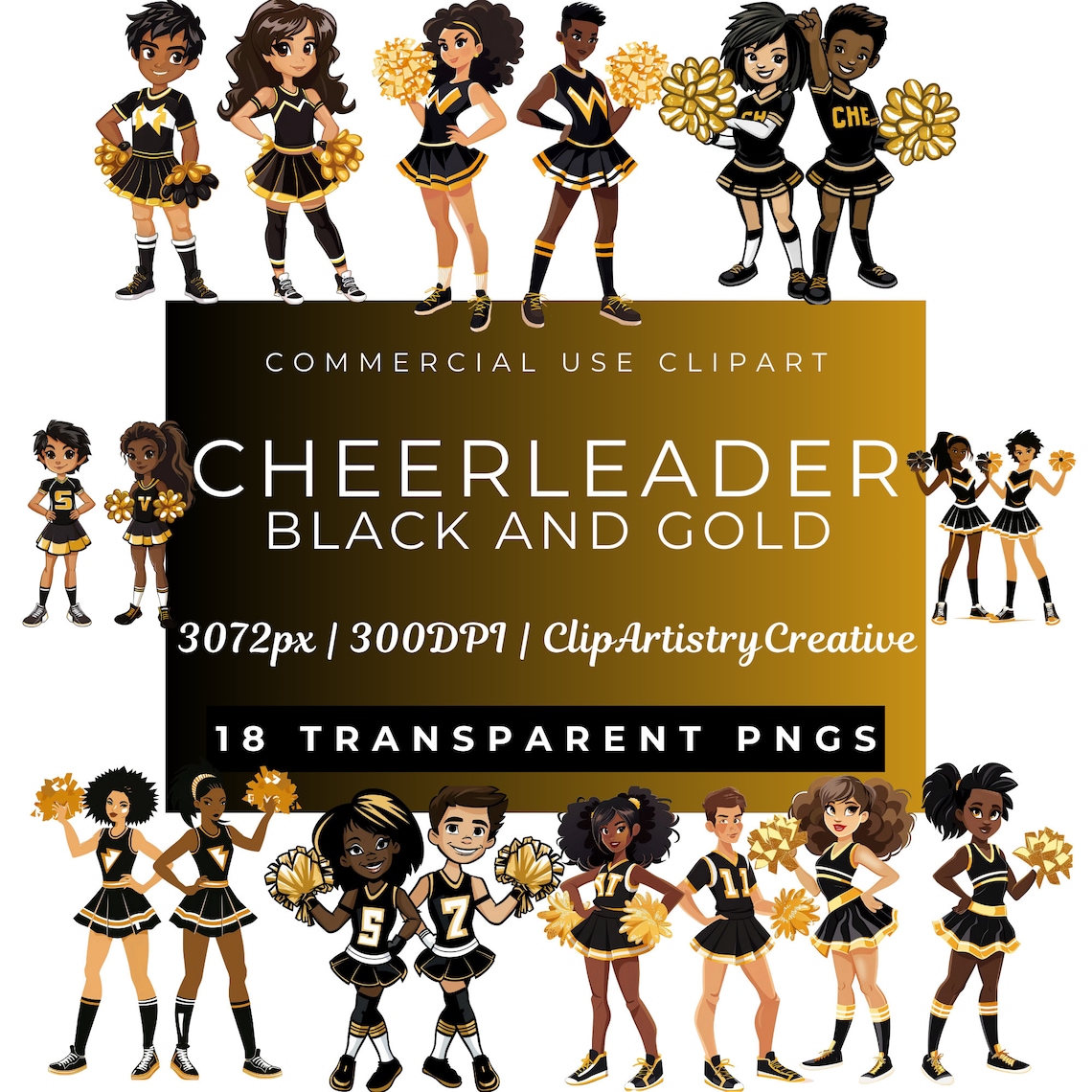 Cheerleader Black and Gold Clipart Bundle PNG Transparent Background ...