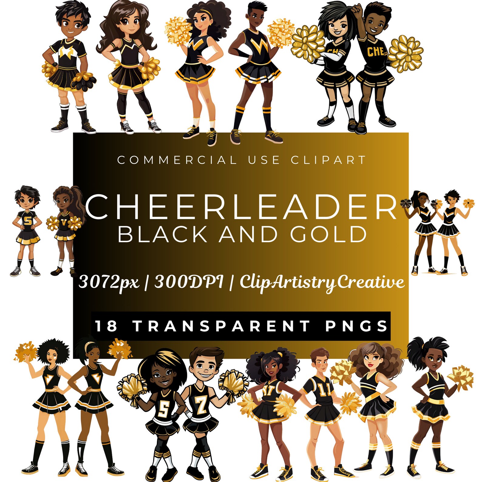 Cheerleader Black and Gold Clipart Bundle PNG Transparent Background ...