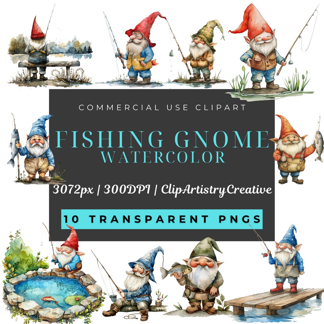 Watercolor Fishing Gnome Clipart Bundle PNG Transparent Background ...