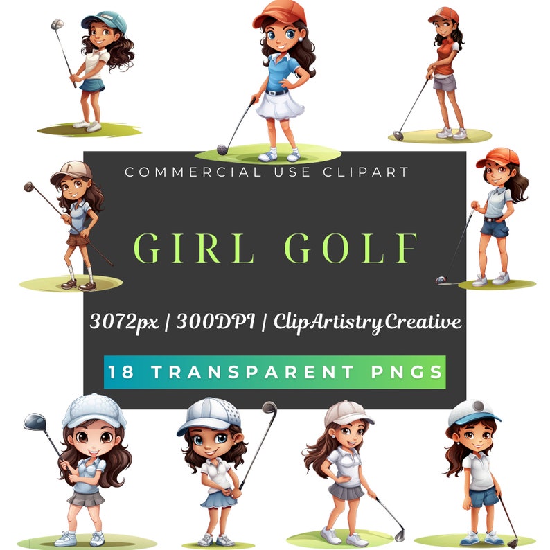 Lady Golfer Girl Golf Clipart Bundle PNG Transparent Background Digital ...