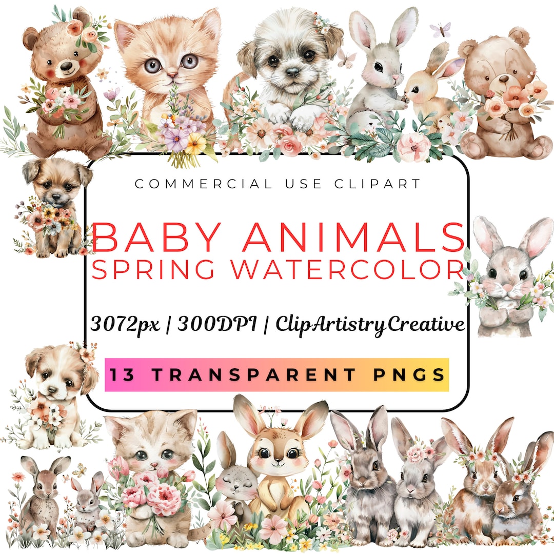 Watercolour Floral Spring Baby Animals Clipart PNG Transparent ...