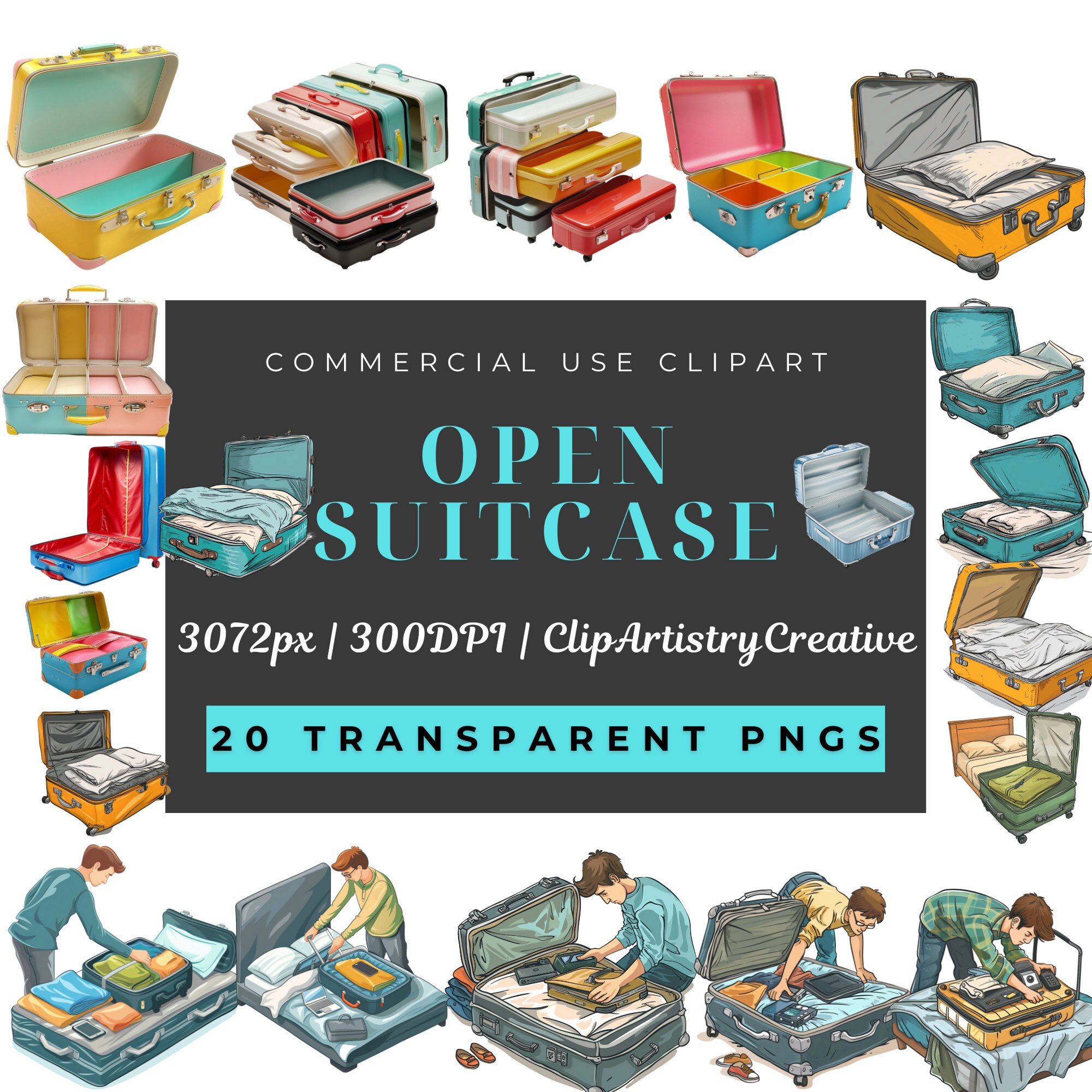 Open Suitcase Clipart Bundle 20 PNG Transparent Background Digital ...