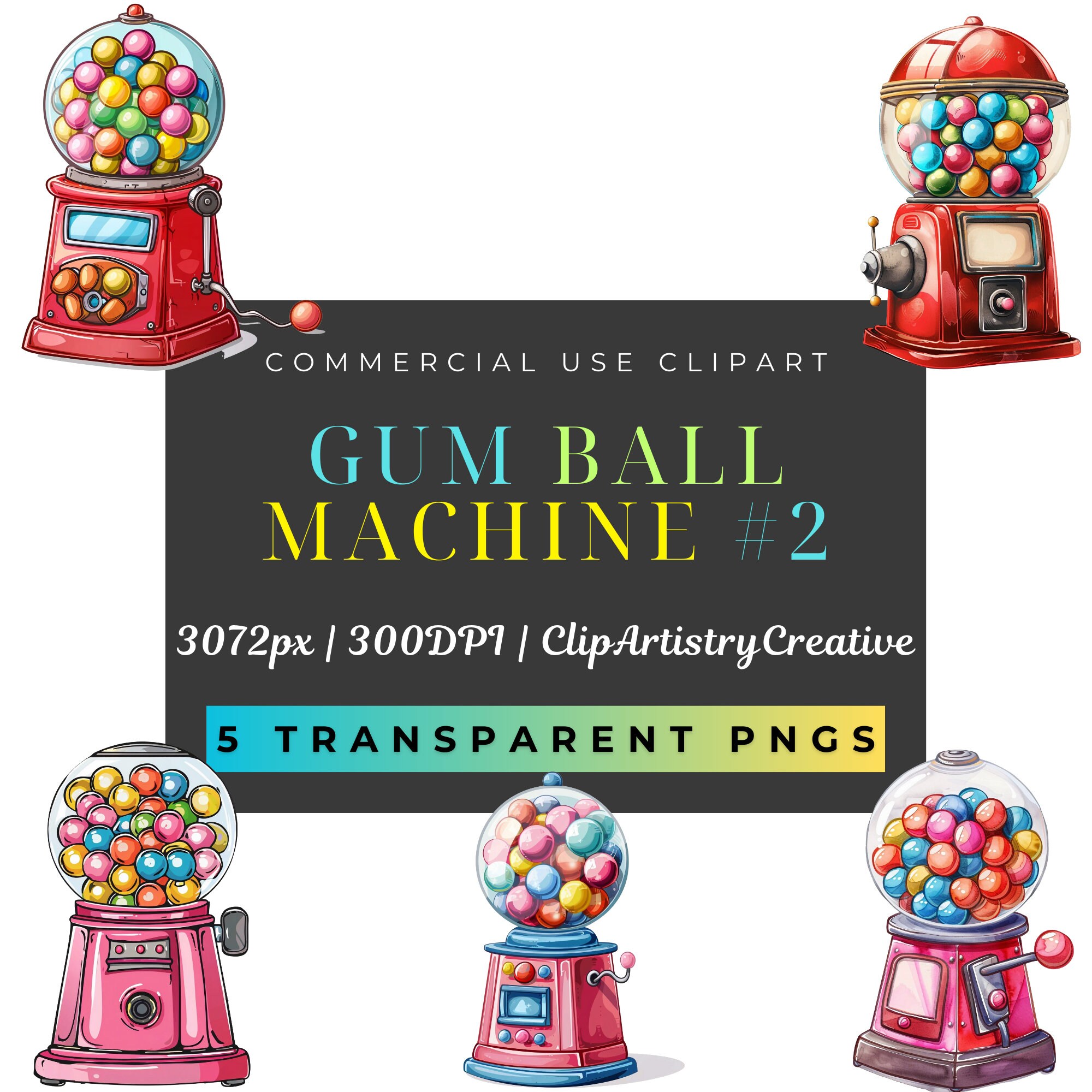 Gum Ball Machine Clipart Bundle PNG Transparent Background Digital ...