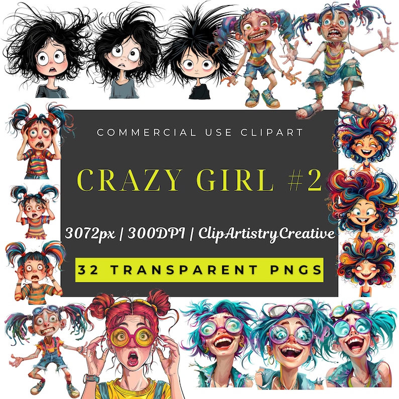 Crazy Girls Quirky Girls Girclipart Bundle PNG Transparent Background ...
