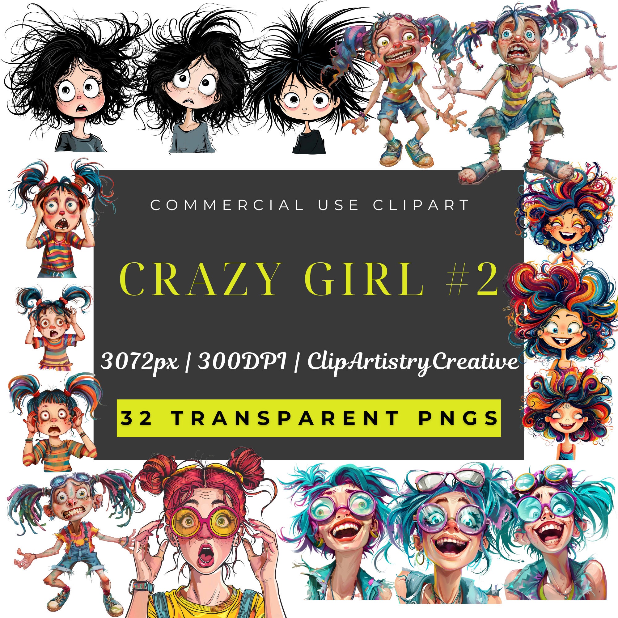Crazy Girls Quirky Girls Girclipart Bundle PNG Transparent Background Digital Download, Crazy ...
