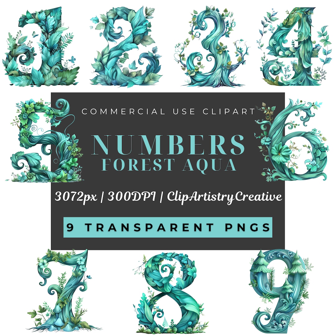 Forest Numbers Aqua Clipart Bundle PNG Transparent Background Digital ...