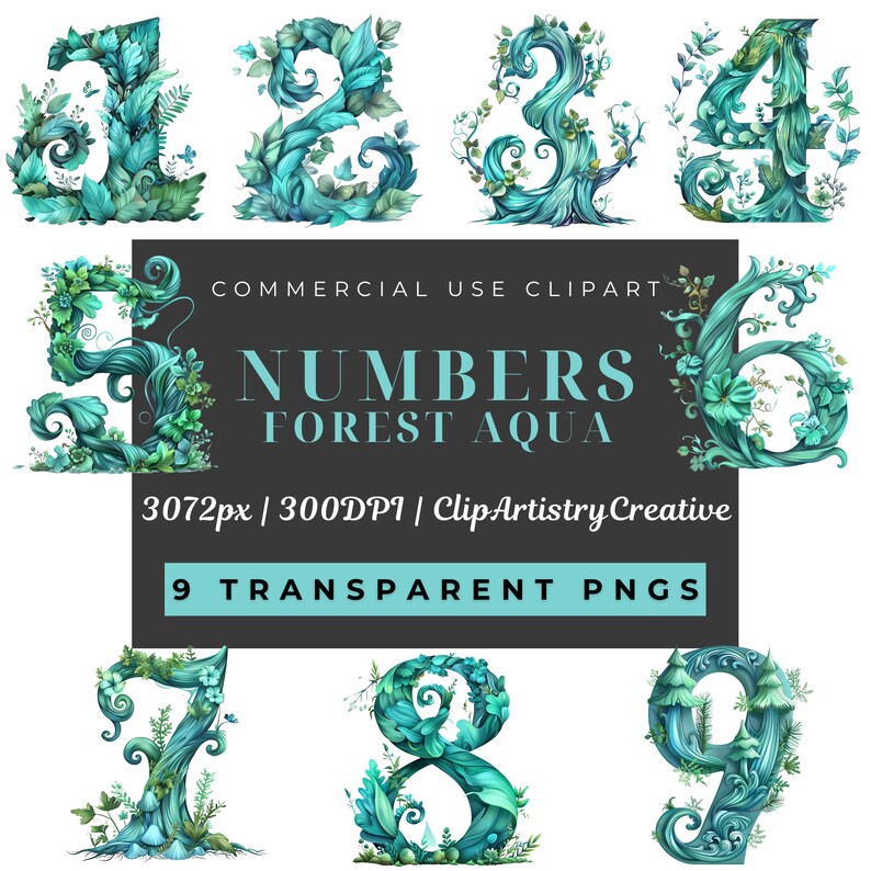 Forest Numbers Aqua Clipart Bundle PNG Transparent Background Digital ...