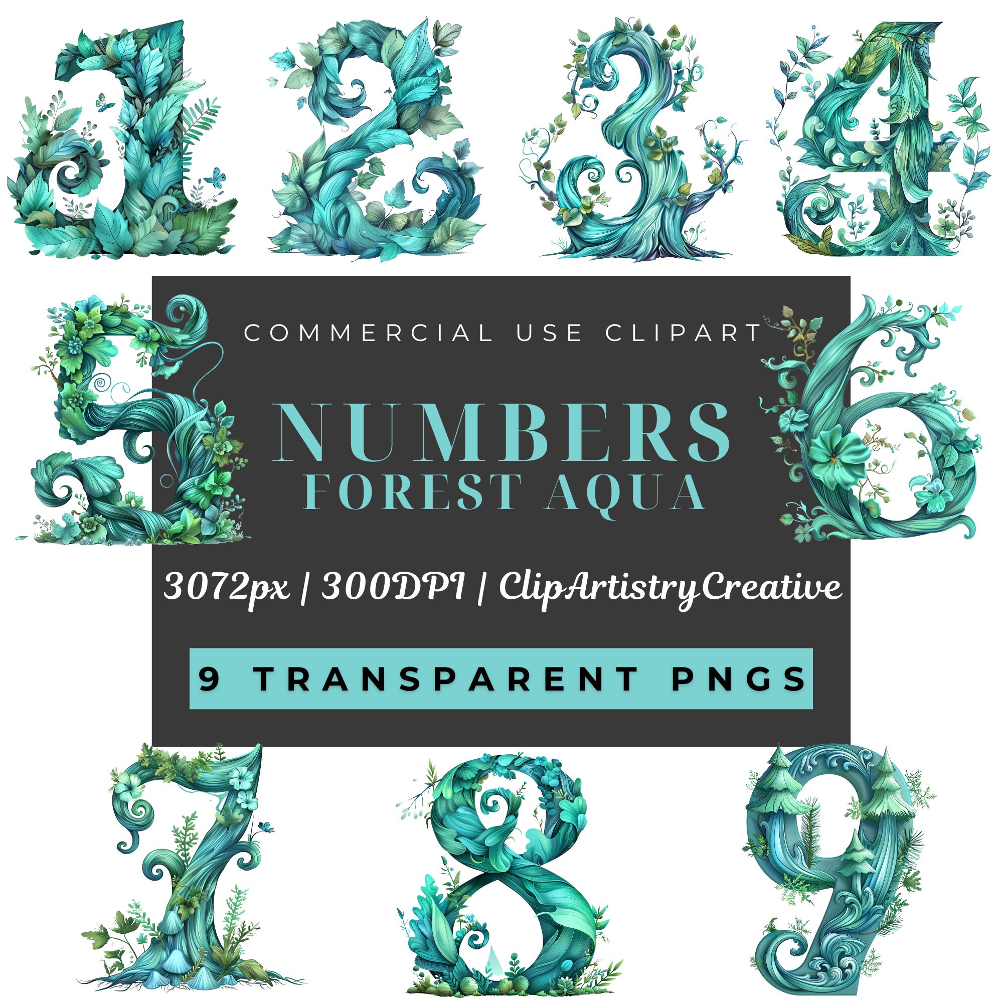 Forest Numbers Aqua Clipart Bundle PNG Transparent Background Digital ...