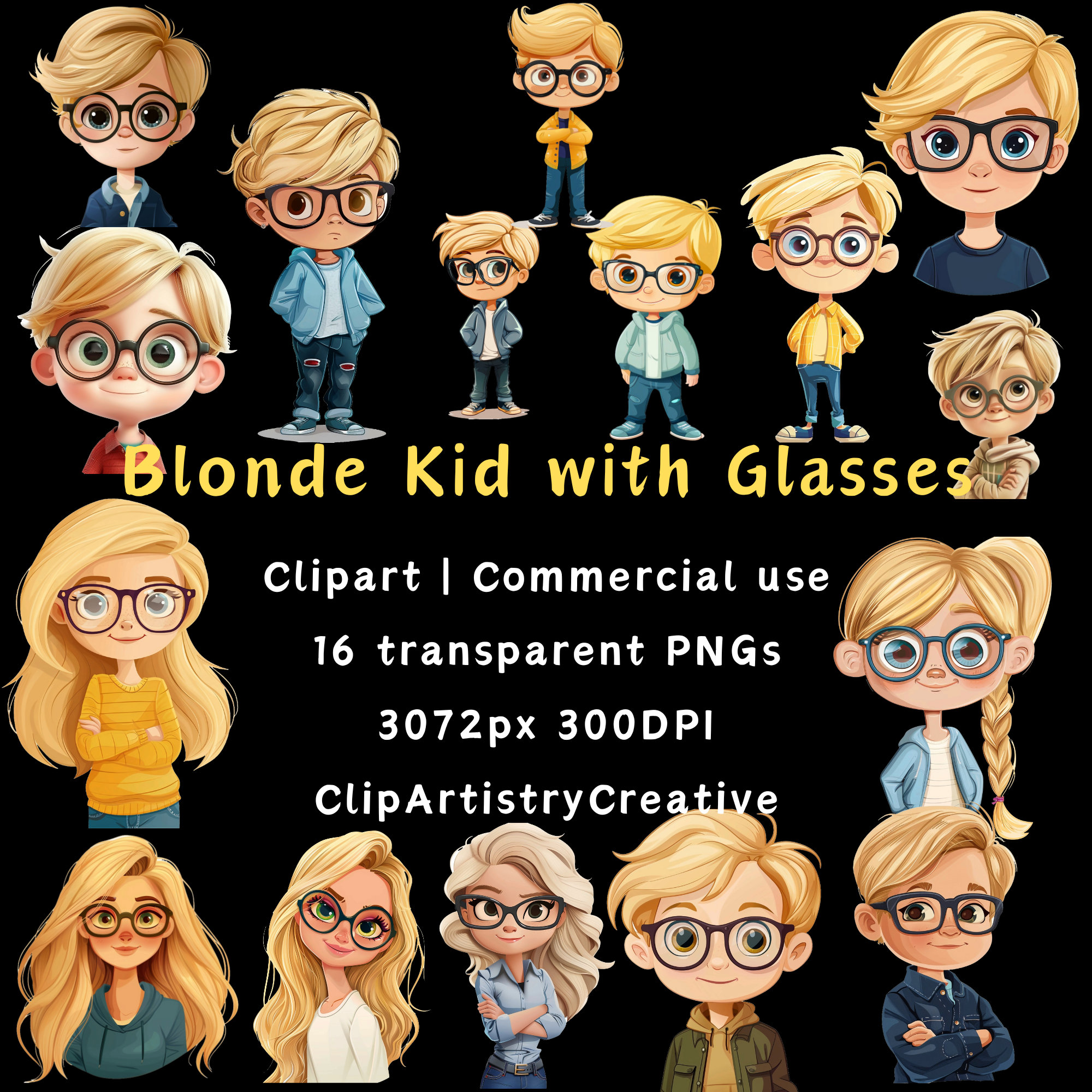 Blonde Kid With Glasses Clipart Bundle PNG Transparent Background ...