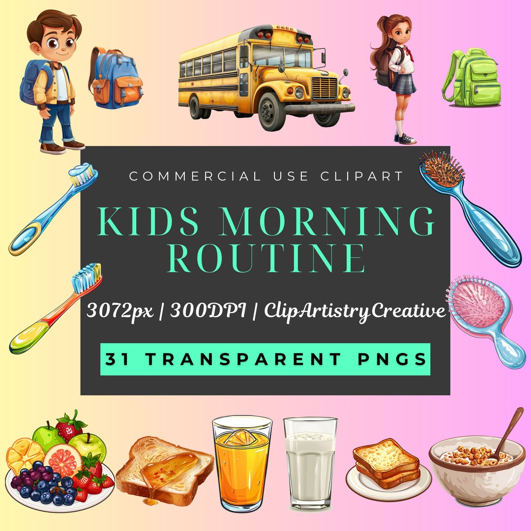 Kids Morning Routine Clipart Bundle PNG Transparent Background Instant ...