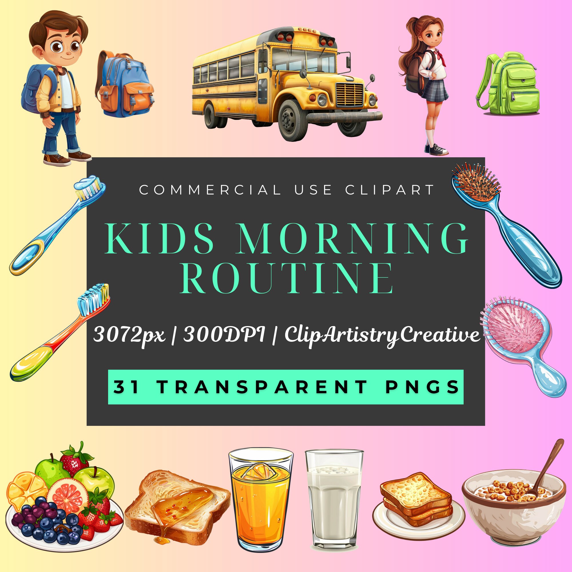 Kids Morning Routine Clipart Bundle PNG Transparent Background Instant ...