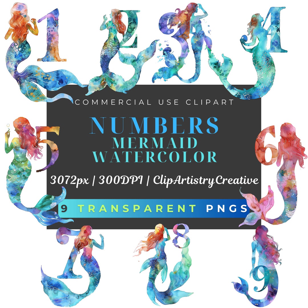 Mermaid Watercolor Number Clipart Bundle PNG Transparent Background ...