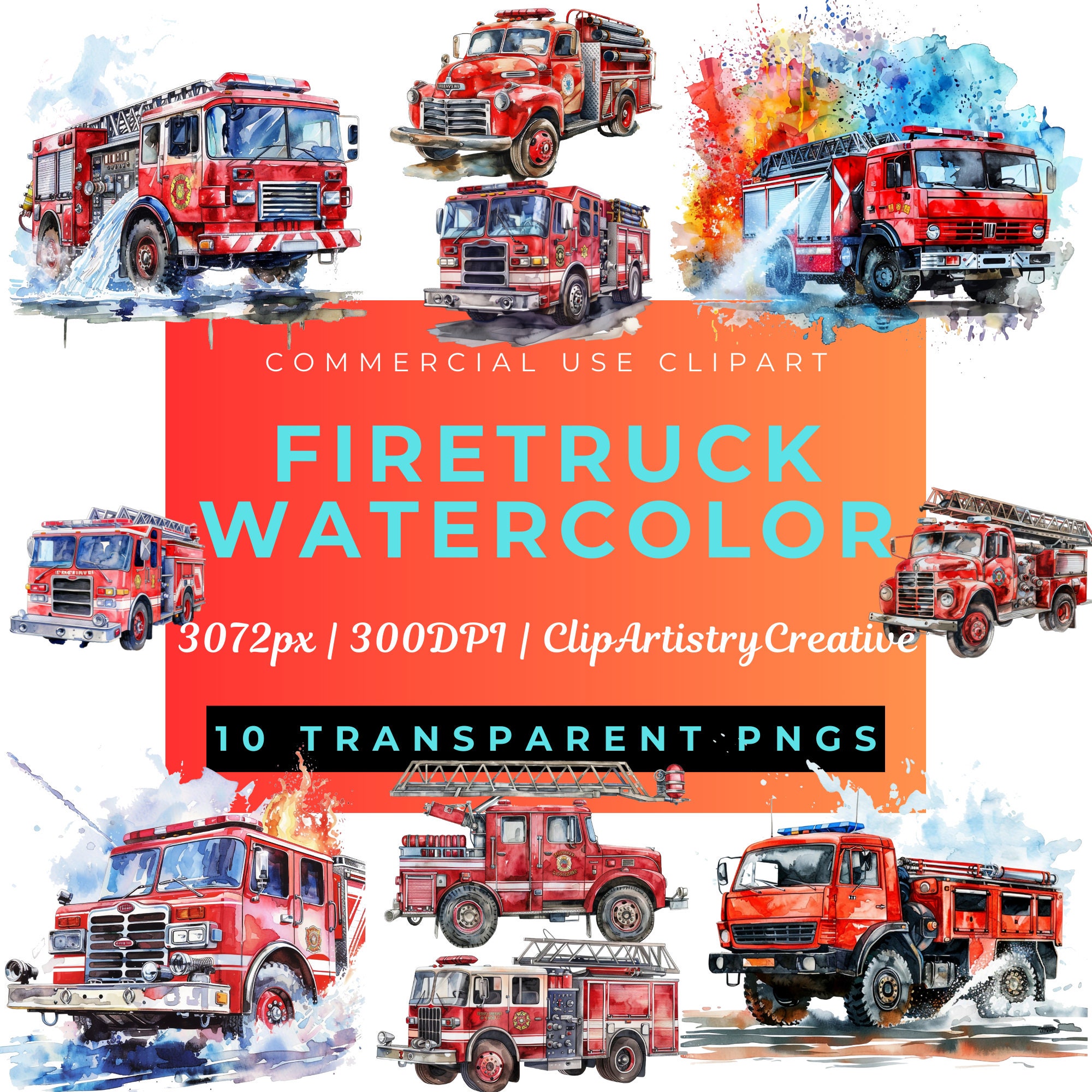 Firetruck Watercolor Clipart Bundle PNG Transparent Background Digital ...