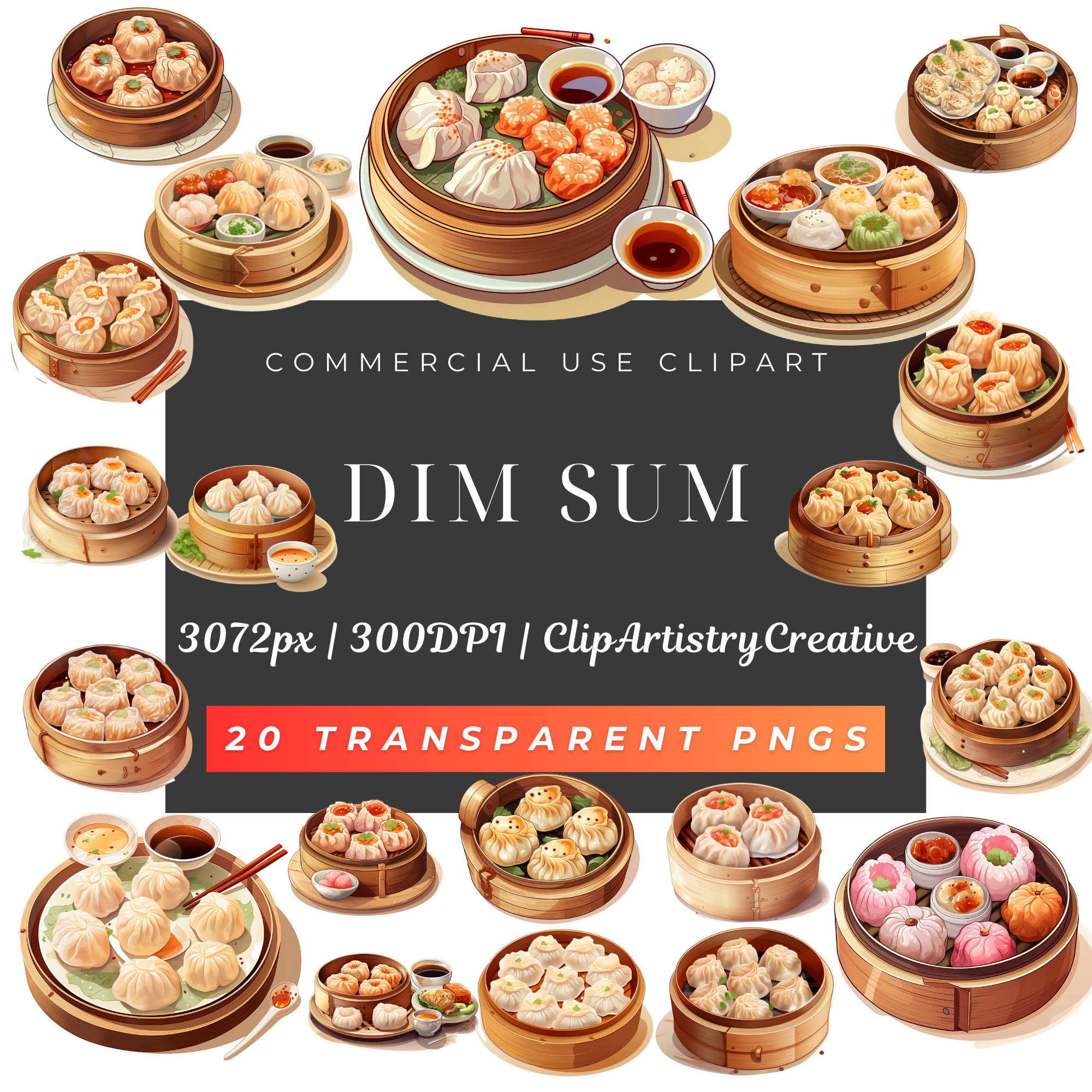 Dim Sum Clipart Bundle PNG Transparent Background Digital Download, Chinese Food Clipart, Dim ...