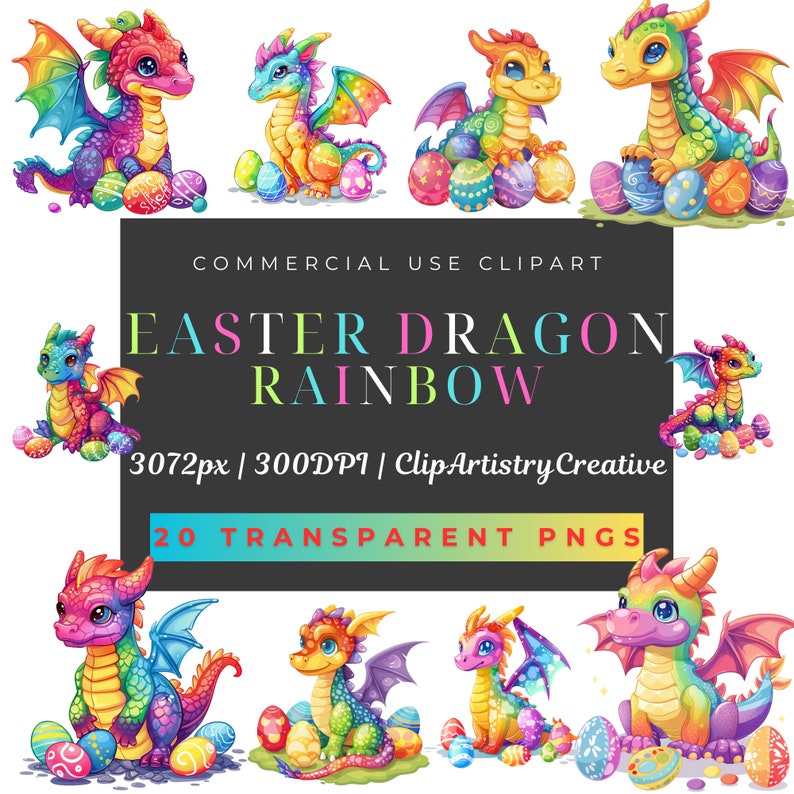 Easter Dragon Rainbow Clipart Bundle PNG Transparent Background Instant ...