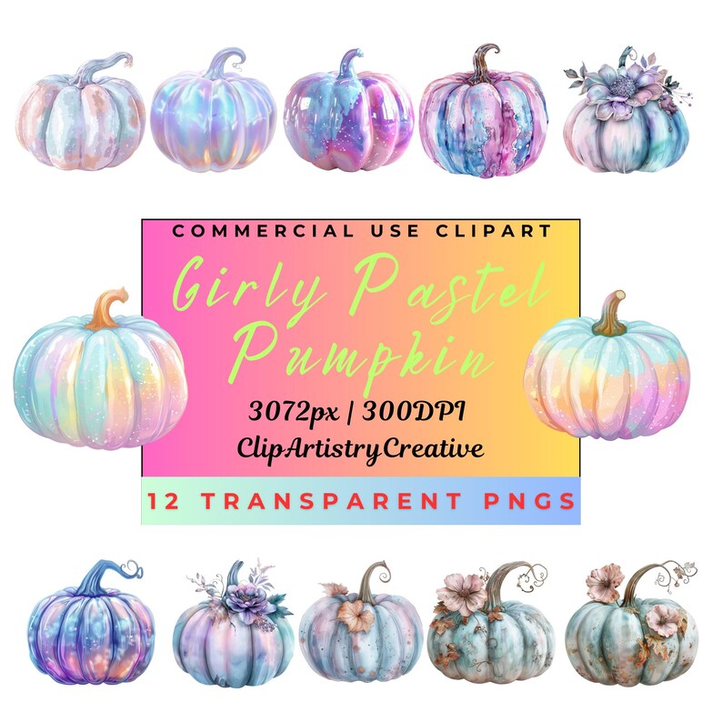 Girly Pastel Pumpkin Clipart Bundle PNG Transparent Background Digital ...