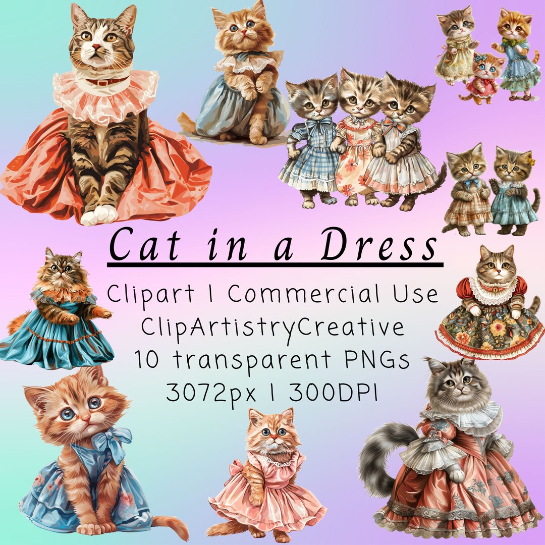 Cat Dress Cat in a Dress Cat Wearing a Dress Clipart Bundle PNG ...
