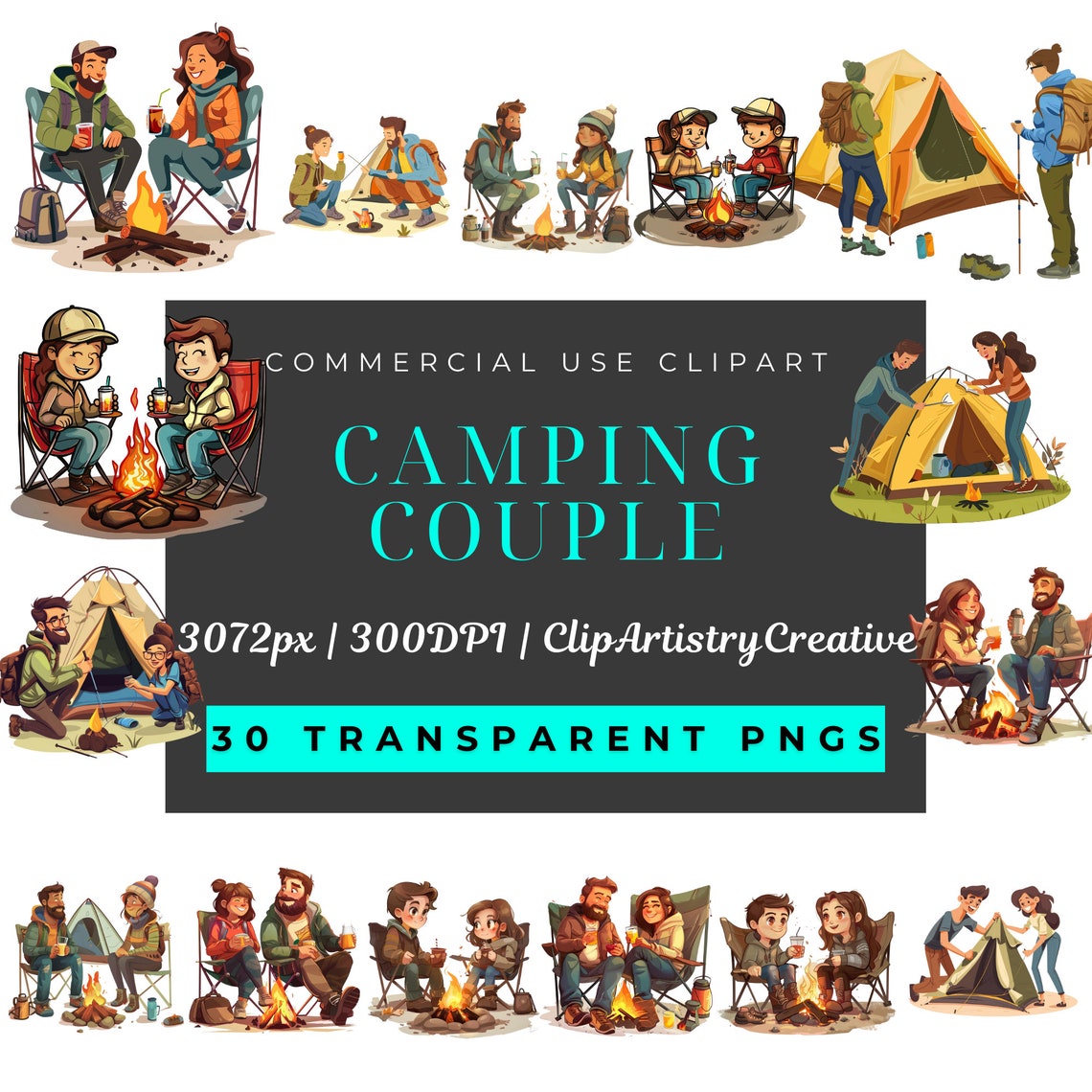 Camping Couple Clipart Bundle PNG Transparent Background Digital ...