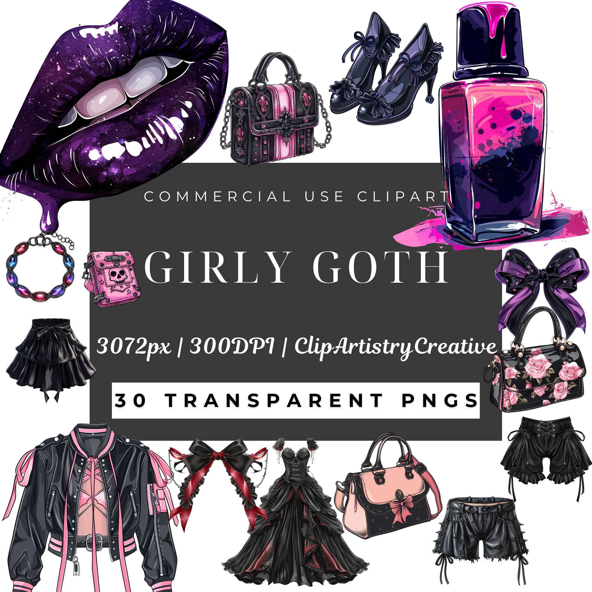 Girly Goth Clipart Bundle PNG Transparent Background Digital Download ...