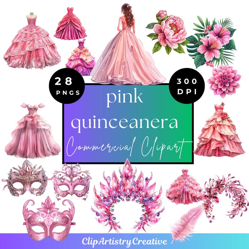 Quinceanera Pink Dress Clipart PNG Transparent Background Digital ...