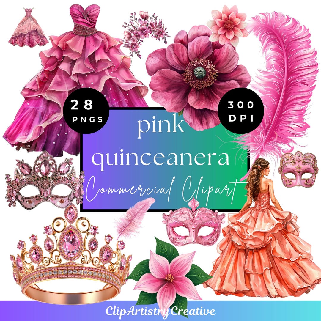 Quinceanera Pink Dress Clipart PNG Transparent Background Digital ...