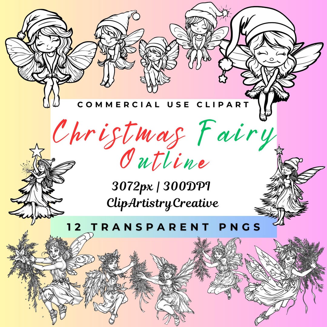 Christmas Fairy Outline Line Art Clipart PNG Transparent Background ...