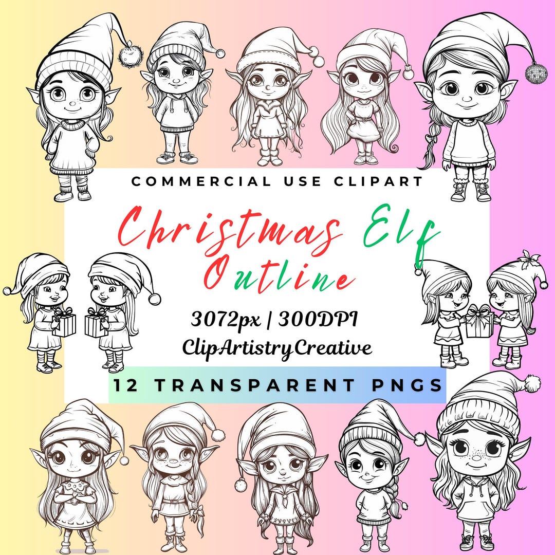 Christmas Elf Outline Line Art Coloring Clipart PNG Transparent ...