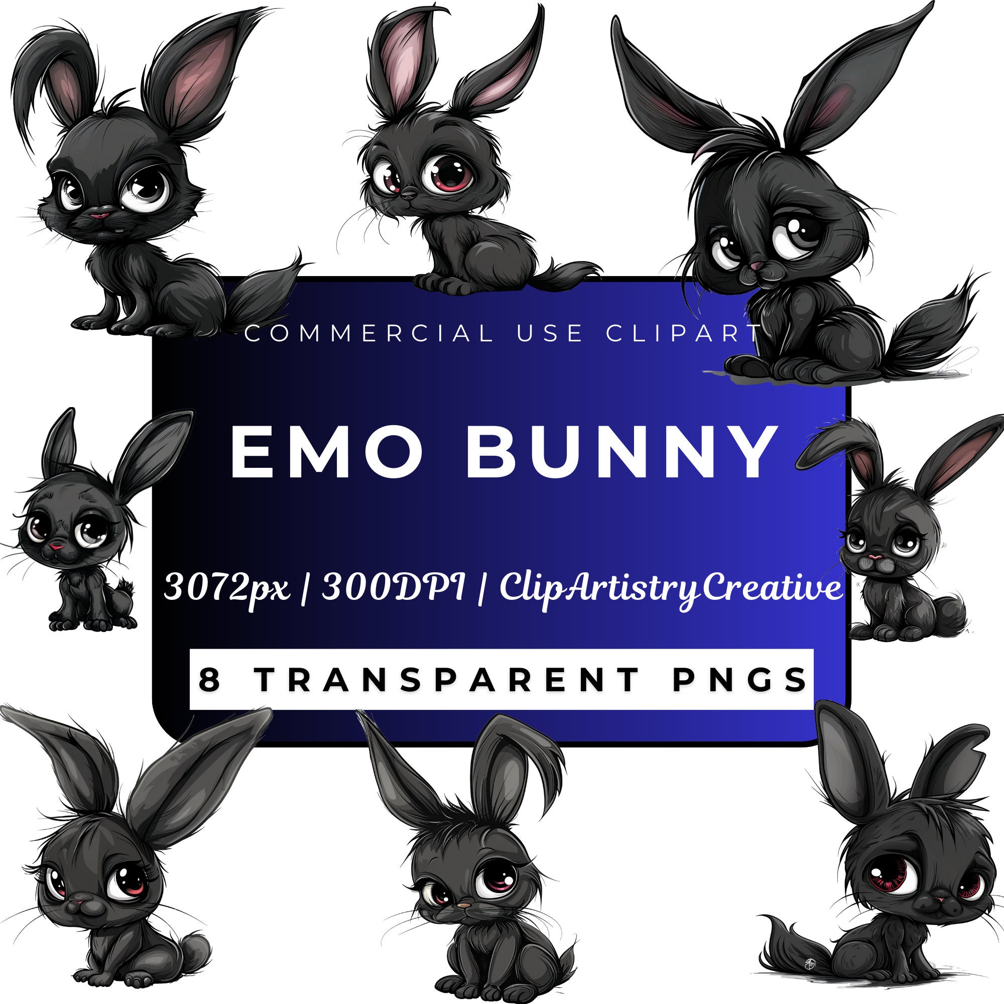 Emo Bunny Clipart Bundle PNG Transparent Background Instant Digital ...