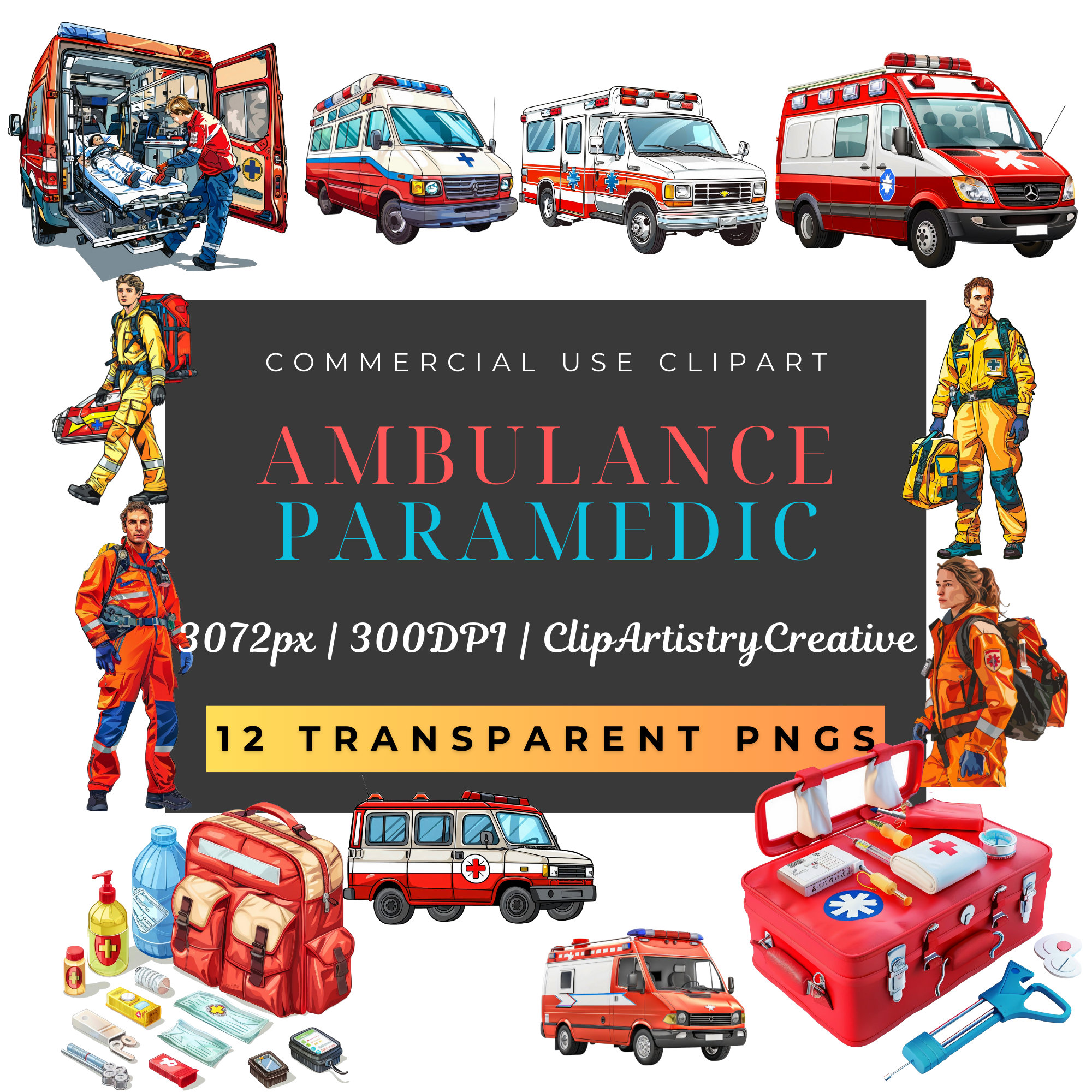 Ambulance Paramedic Clipart Bundle PNG Transparent Background Digital Download, Ambulance Clip ...