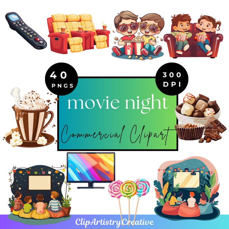 Movie Night Clipart PNG Transparent Background Digital Download | Movie ...