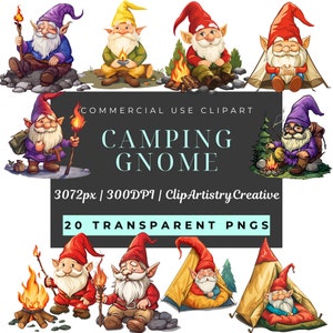 Camping Gnome Clipart Bundle PNG Transparent Background Digital ...