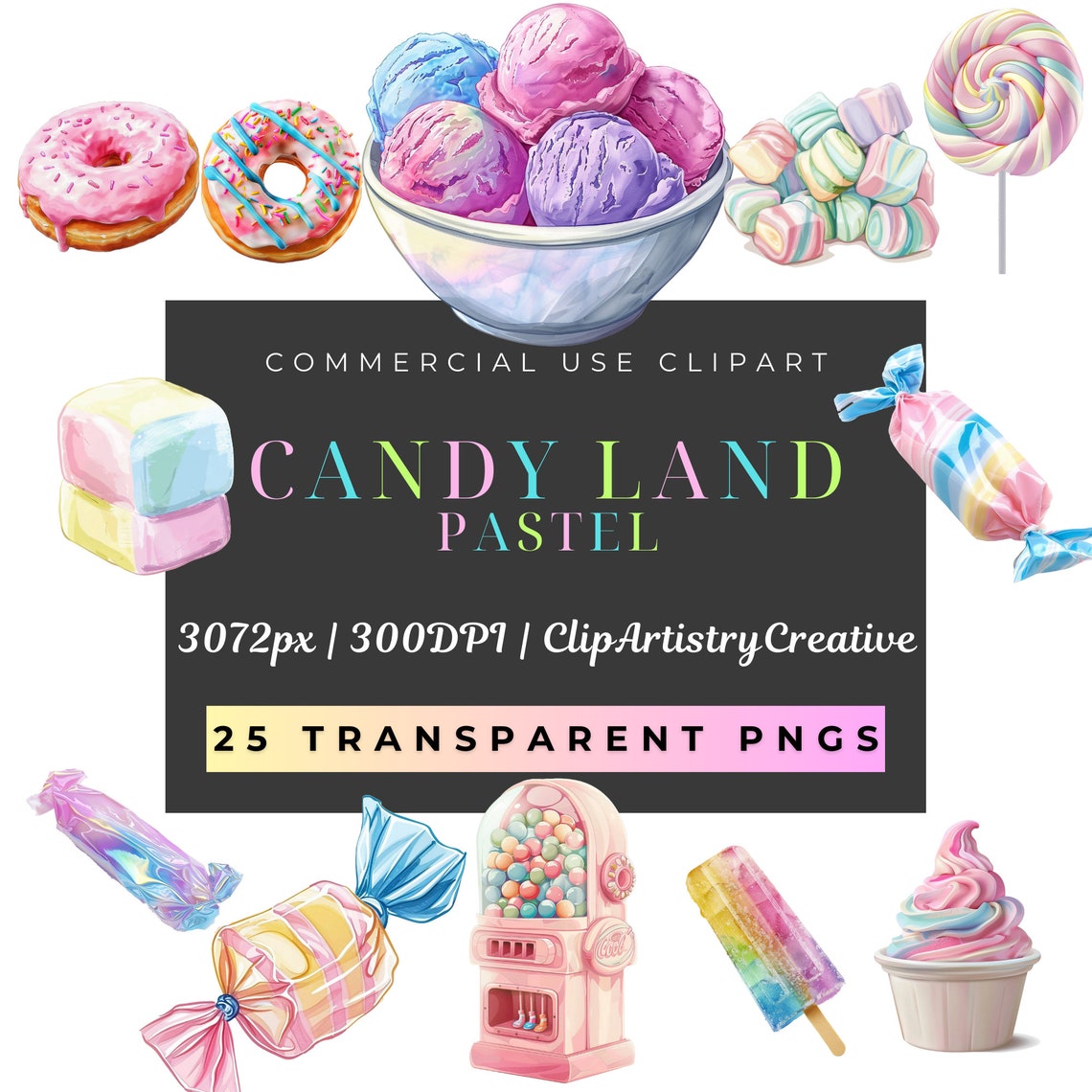 Pastel Candyland Clipart PNG Bundle Transparent Background Digital ...