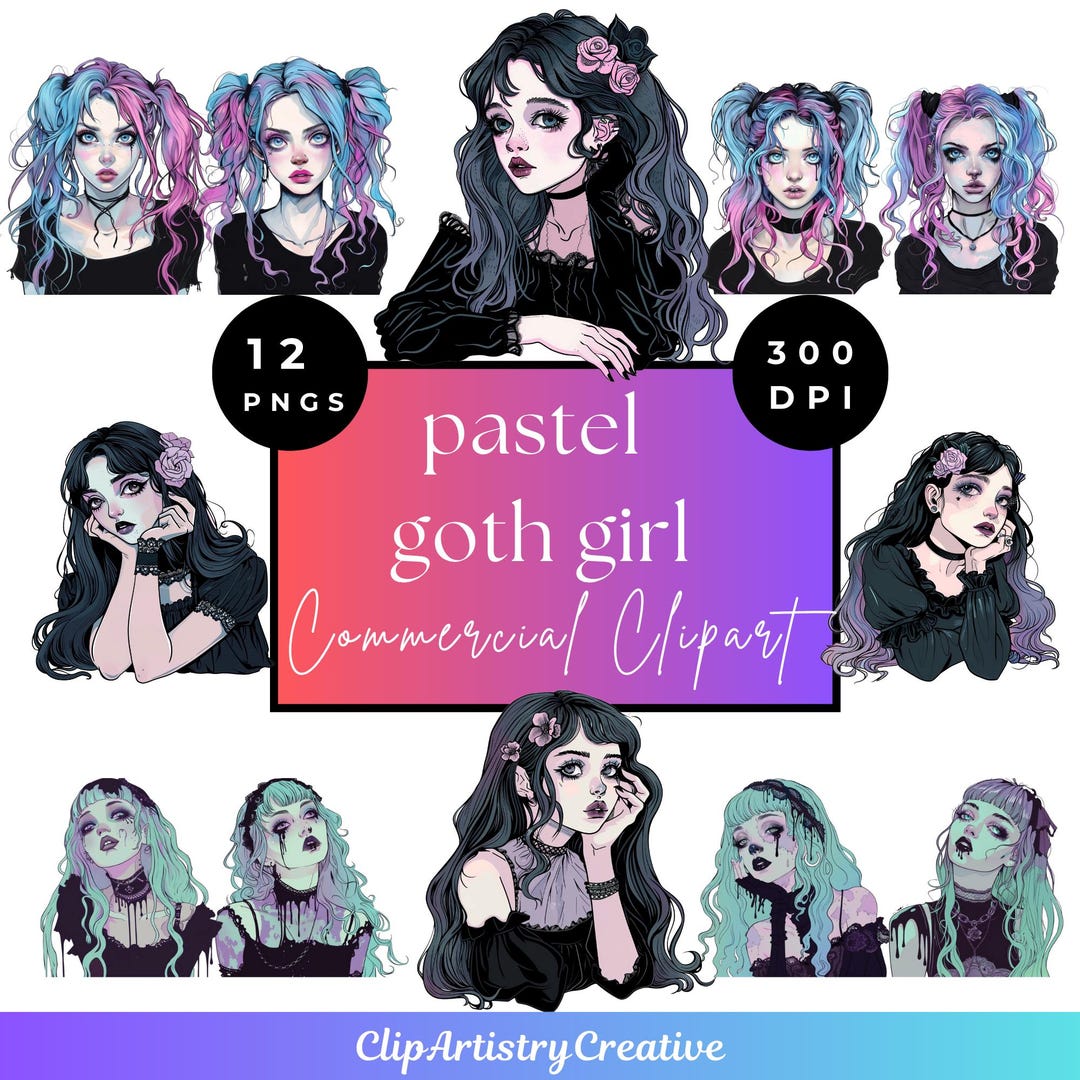 Pastel Goth Girl Clipart Bundle PNG Transparent Background Digital ...