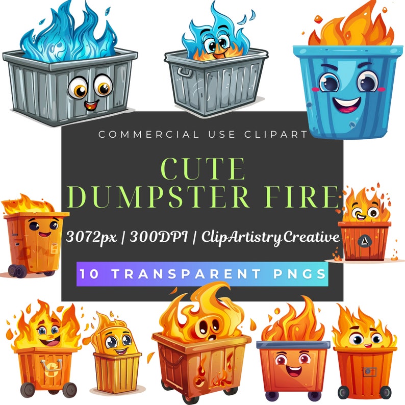 Cute Dumpster Fire Clipart Bundle PNG Transparent Background Digital ...