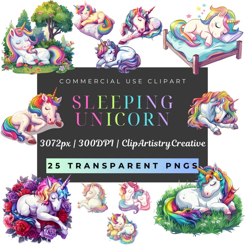 Sleeping Unicorn Clipart Bundle PNG Transparent Background Digital ...