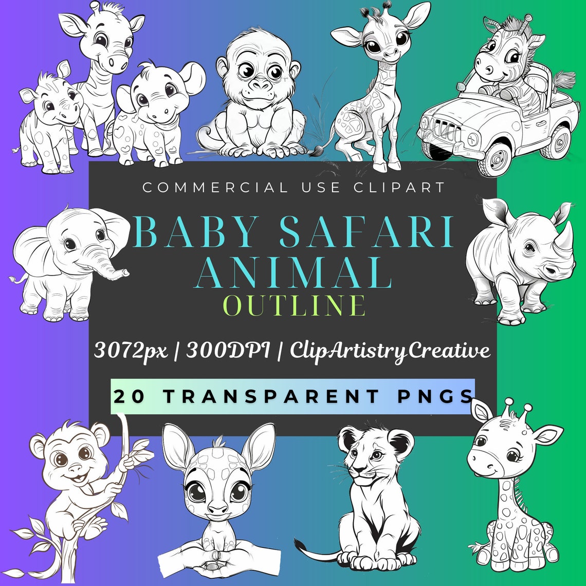 Baby Safari Animals Outline Line Art Clipart PNG Transparent Background ...