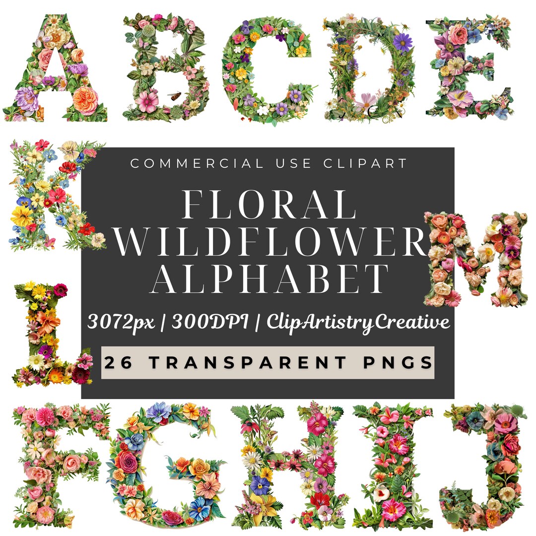Floral Wildflower Alphabet Clipart Bundle PNG Transparent Background ...