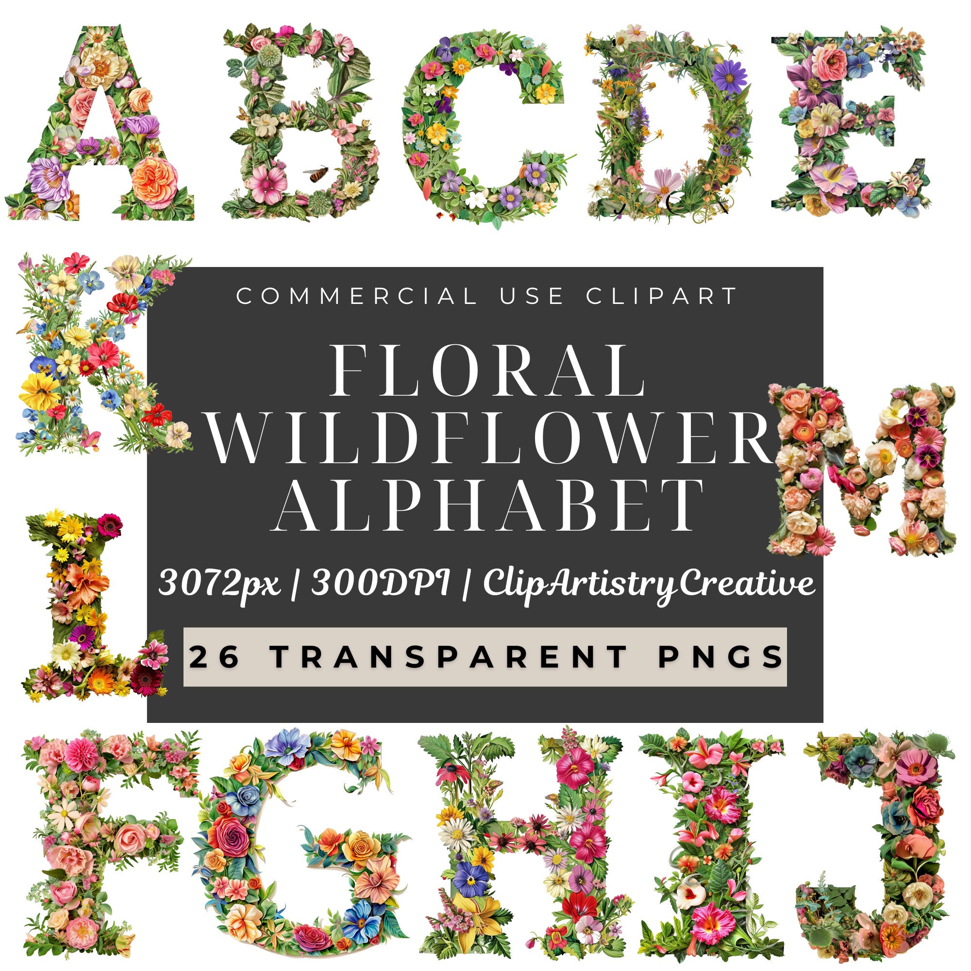 Floral Wildflower Alphabet Clipart Bundle PNG Transparent Background ...