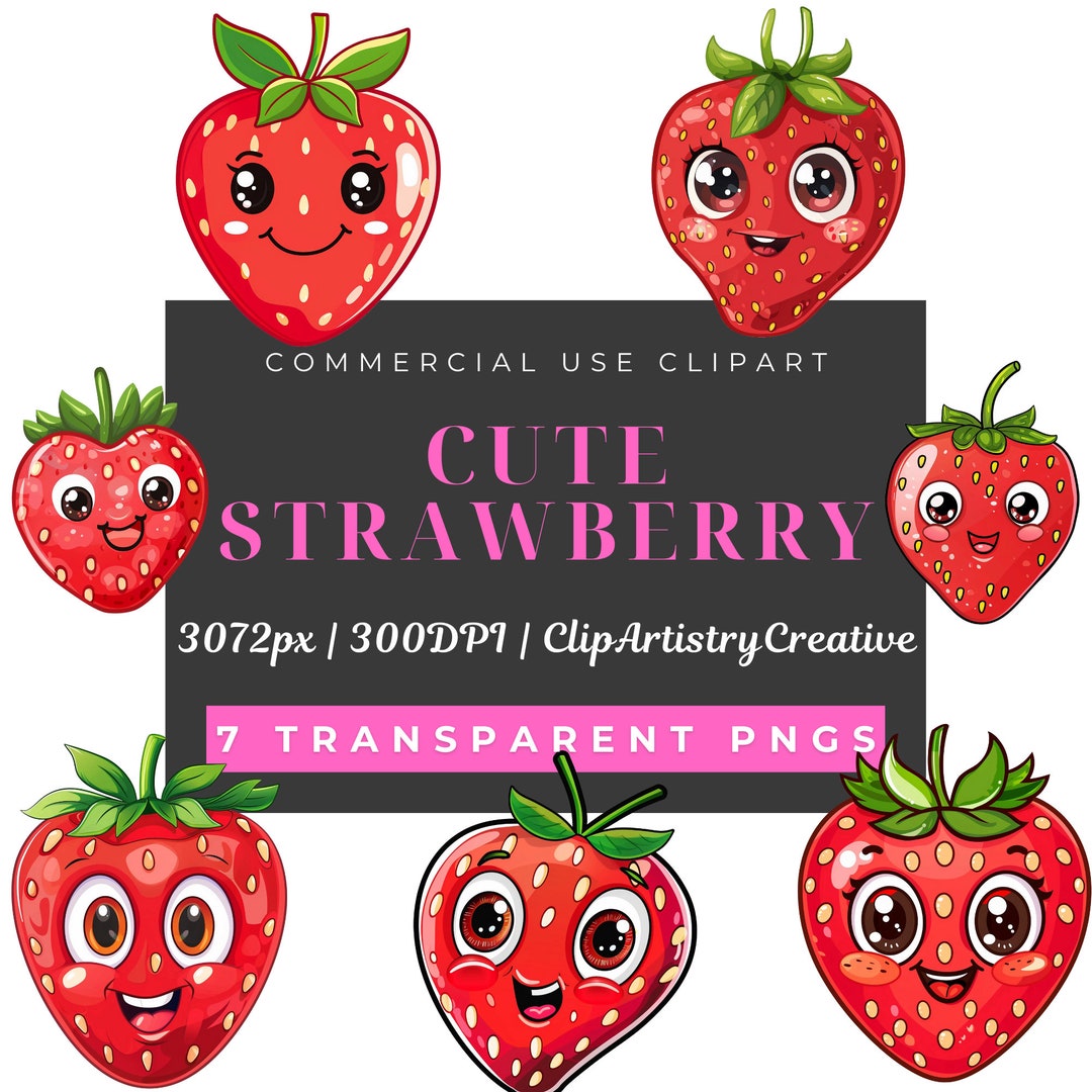 Cute Strawberry Clipart Bundle PNG Transparent Background Instant ...